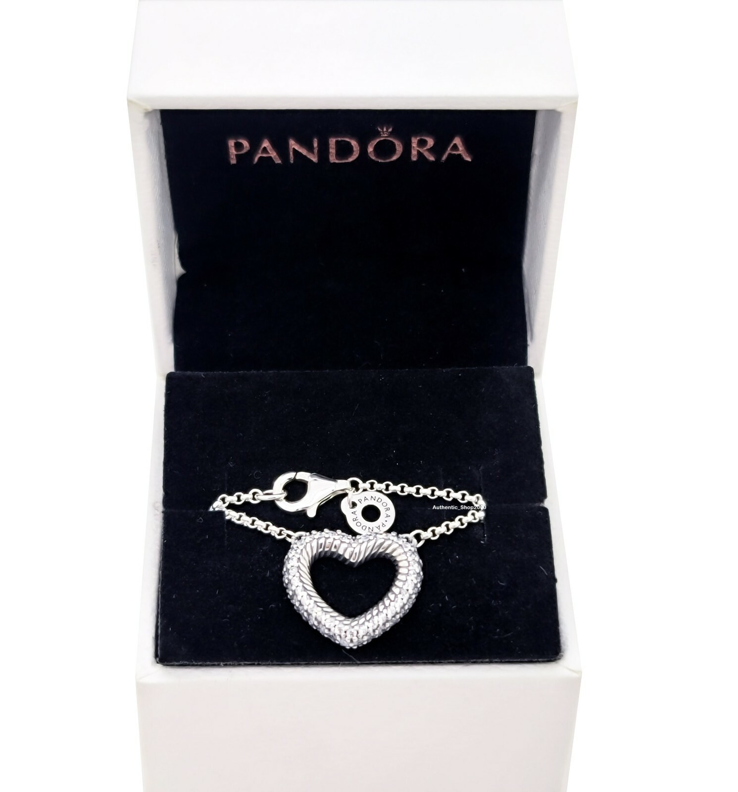 NEW PANDORA 925 Pavé Snake Chain Pattern Open Heart Collier Necklace ...
