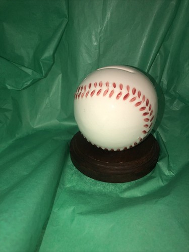 VINTAGE 4" HIGH CERAMIC BASEBALL COIN BANK on WOOD STAND | eBay