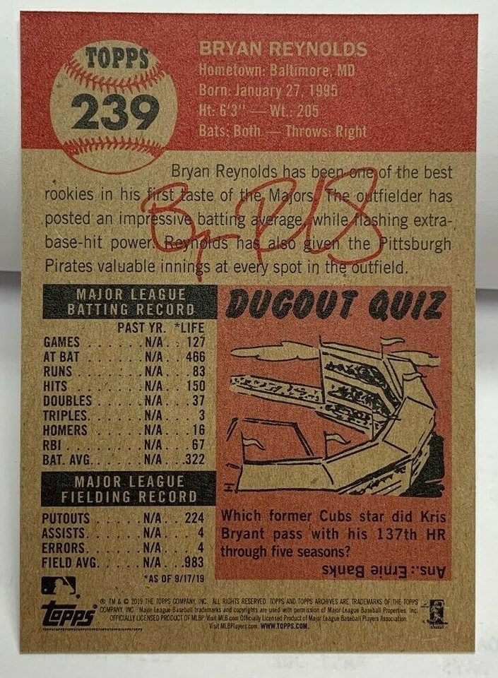 Bryan Reynolds 2019 Topps Baseball Living Set RC#239 PITTSIBURGH ...