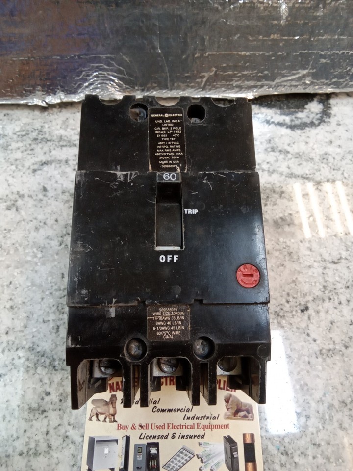 GE TEY360 60AMP, 3POLE 480Y-277VA, Bolt-On Type TEY ,E11592 Breaker ...