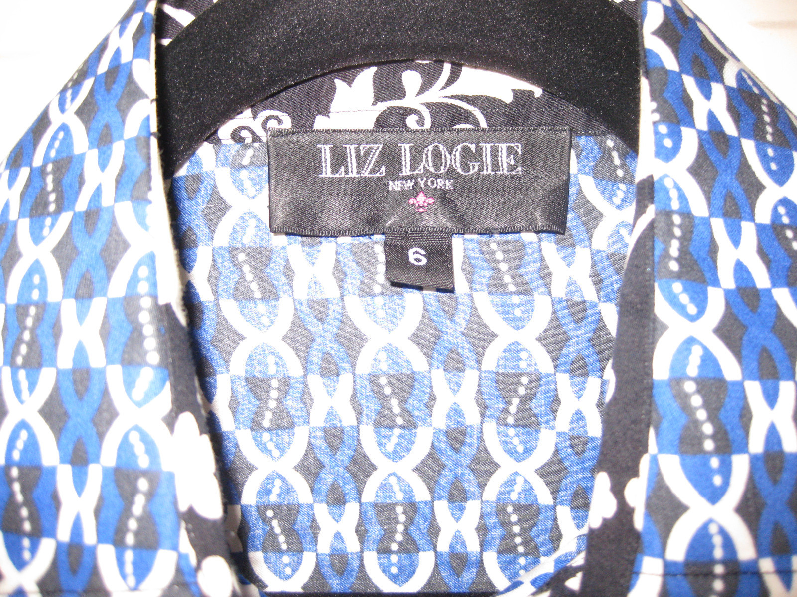 Liz Logie New York Sz 4 Blue Black White cotton 3/4 Sleeve Botton Down ...