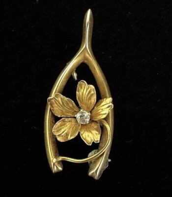 Antique Victorian 14k Gold Diamond Wishbone Flower Good Luck Brooch/Pin ...