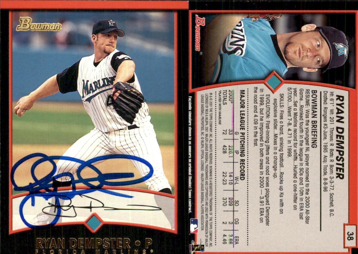 Ryan Dempster Signed 2001 Bowman #38 Card Florida Marlins *Autograph ...