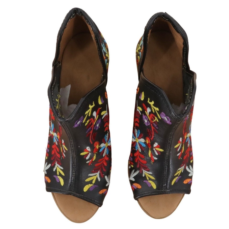 Womens Vintage Mexican Black Embroidered Peep Toe Booties Chunky Heel ...