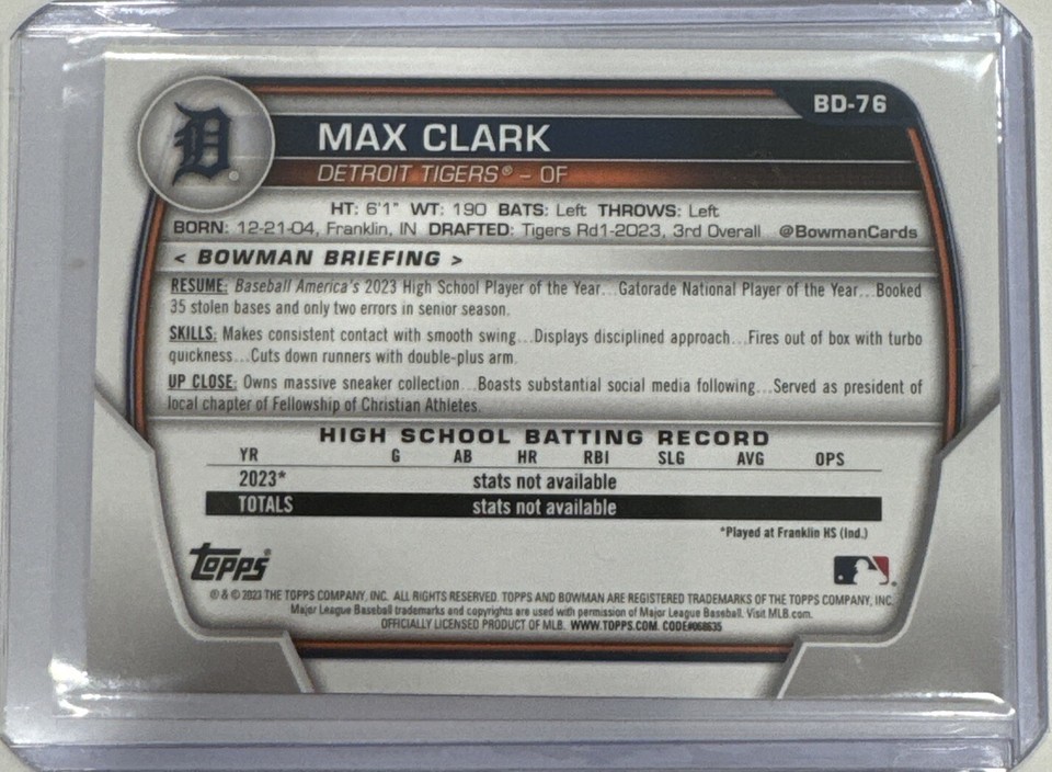 2023 Bowman Draft MAX CLARK 1st Bowman Card RC Detroit TIGERS #BD-76 | eBay