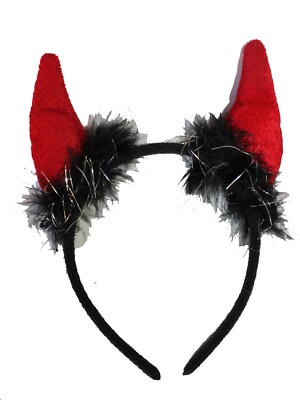 Red Devil Horn Headband with Fuzzy Black feathers for Ages 4+ costume ...