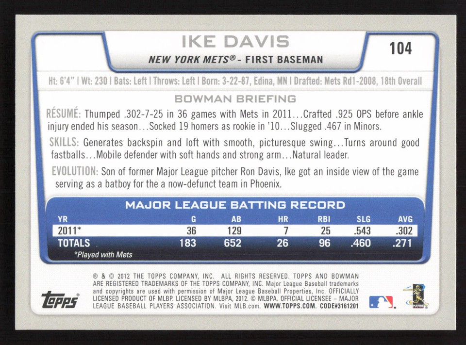 2012 Bowman Gold Ike Davis #104 New York Mets | eBay