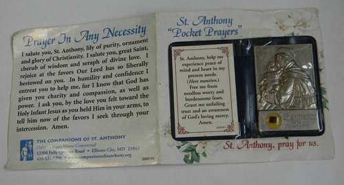 St Saint Anthony relic plaque pocket prayer folder shrine medal on card ...