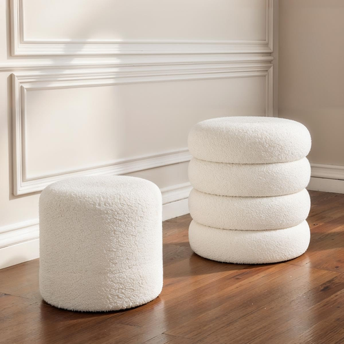 round Set of 2 Sherpa Storage Ottoman Stool Boucle Vanity Stool ...