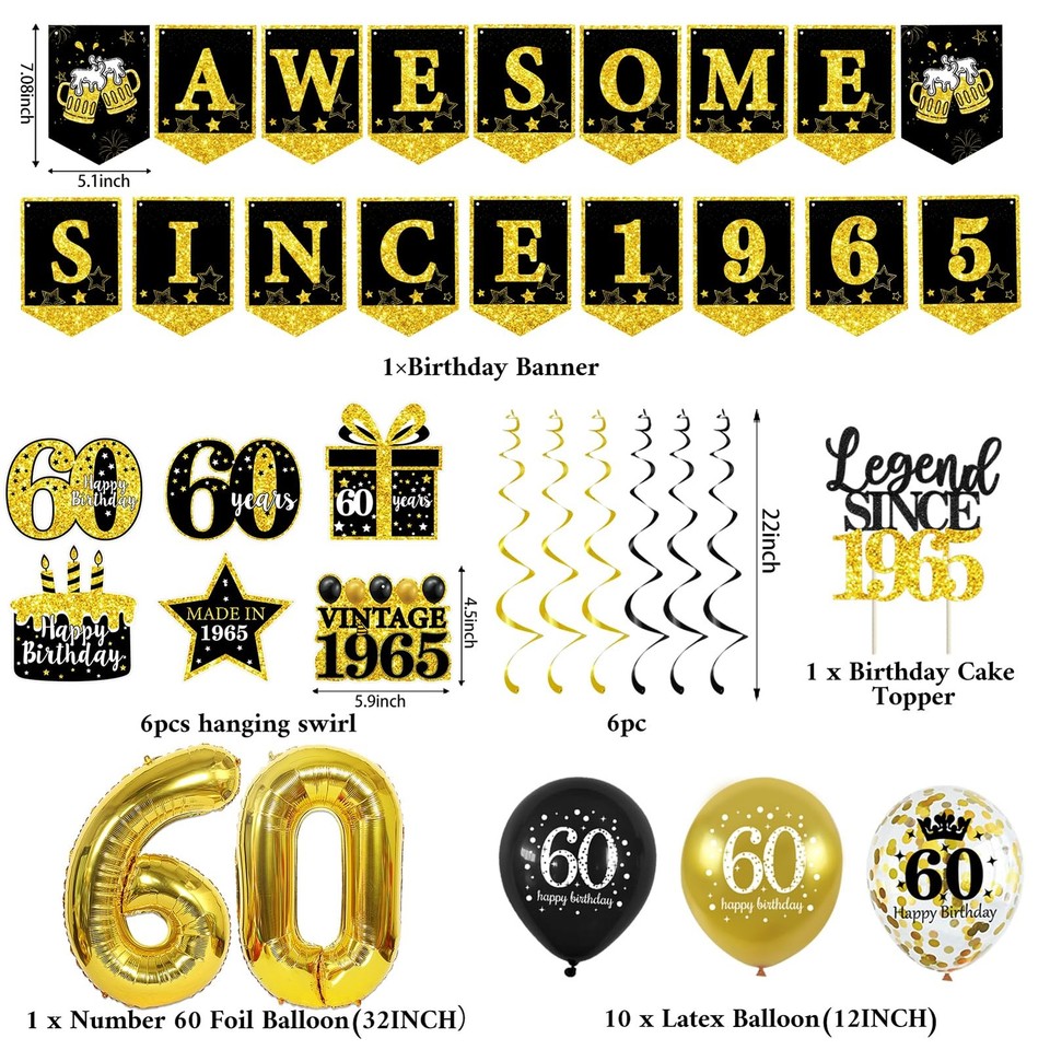 60th Birthday Decorations for Men Women, 32PCS Back in 1965 Birthday ...