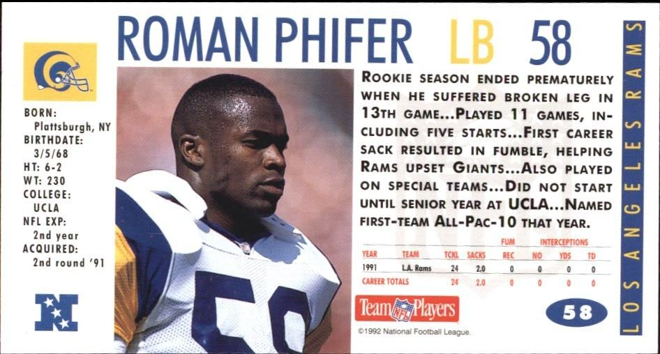 1992 GAMEDAY - FOOTBALL TALL-BOY Trading Card #58-ROMAN PHIFER, Los ...