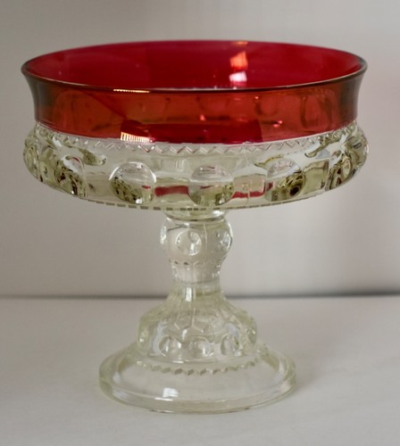 Indiana Glass Kings Crown Ruby Flash Thumbprint Compote Candy Dish Bowl ...