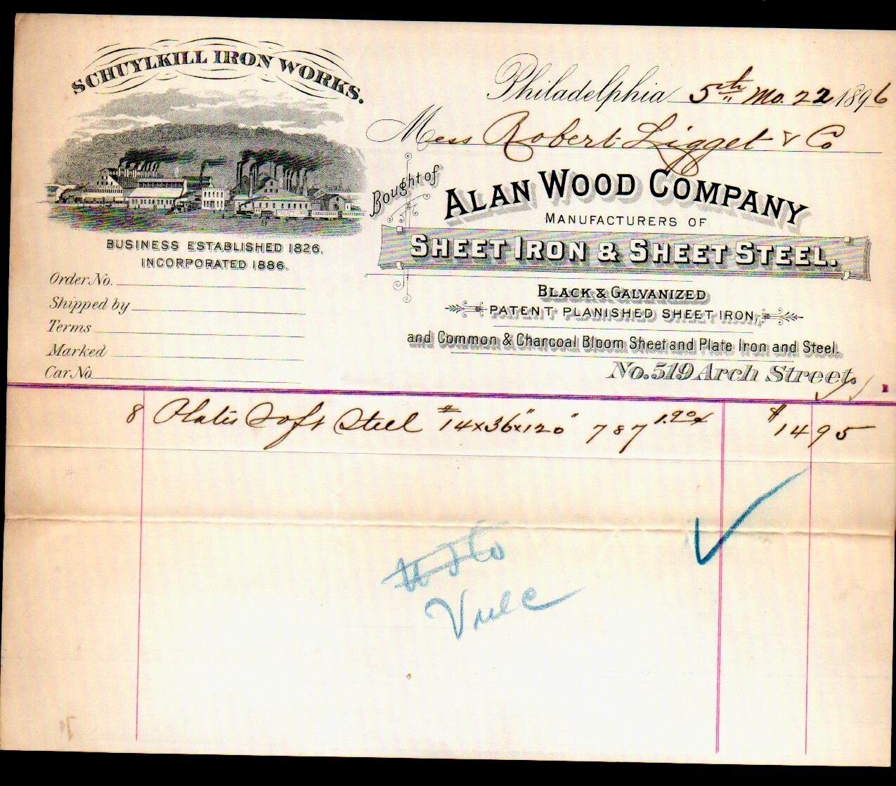 1896 Alan Wood Co - Schuylkill Iron Works - Philadelphia - Rare Letter ...