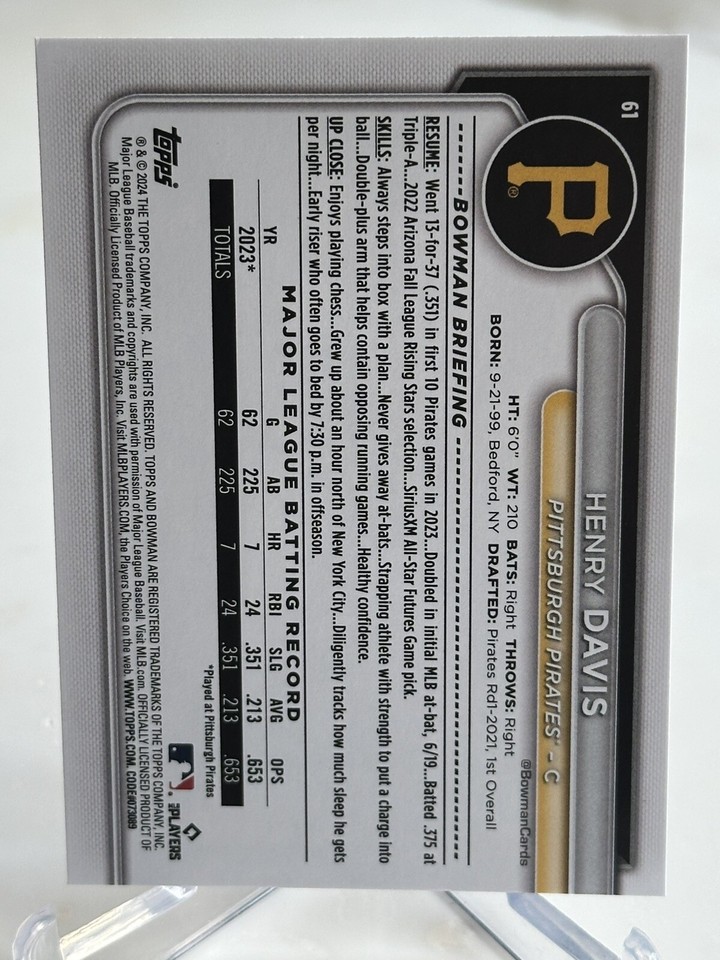 2024 Bowman - #61 Henry Davis ROOKIE CARD (RC) Pirates | eBay