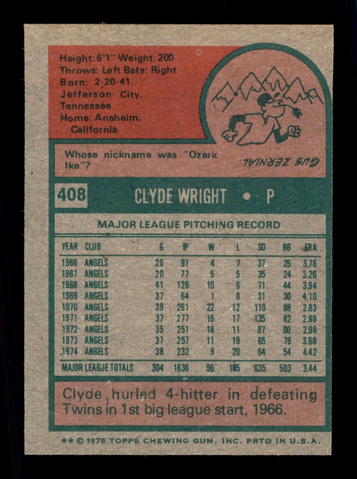 1975 Topps #408 Clyde Wright | eBay