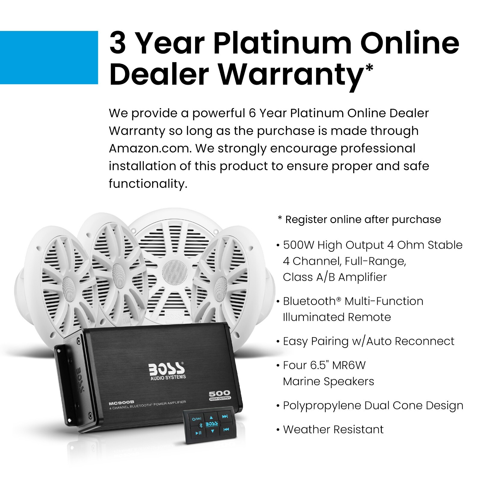 BOSS Audio Systems ASK904B.64 Boat 6.5” Speakers Amplifier - Bluetooth ...