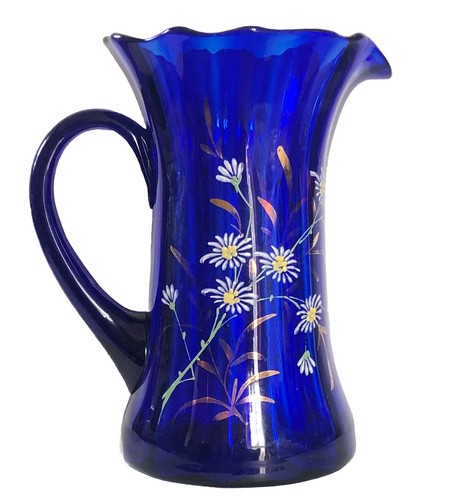 Vtg Hand Blown Painted Cobalt Blue Glass Pitcher Pontil Bottom (cracked ...