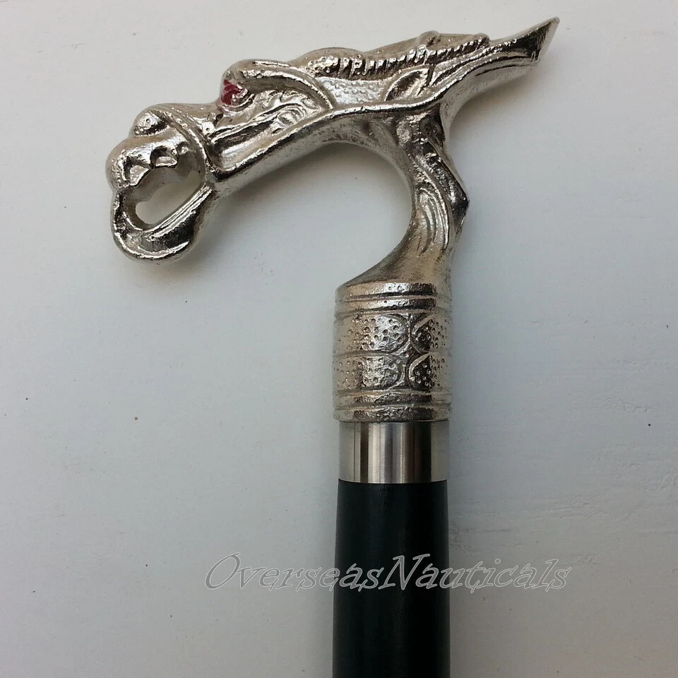 SOLID DRAGON HEAD HANDLE BLACK WOODEN CANE WALKING STICK VINTaGE ...