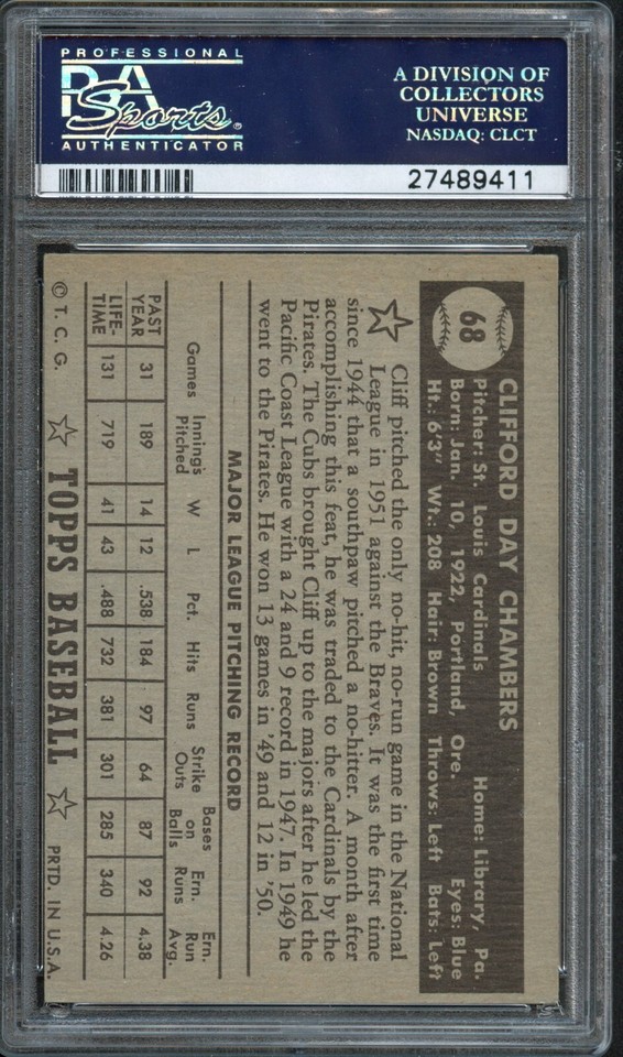 BB - 1952 Topps - #68 - Cliff Chambers Black Back - PSA 6 - EX-MT | eBay