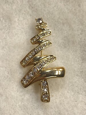 Vintage MONET Christmas Tree Zig Zag Brooch Gold Tone Pin Clear ...
