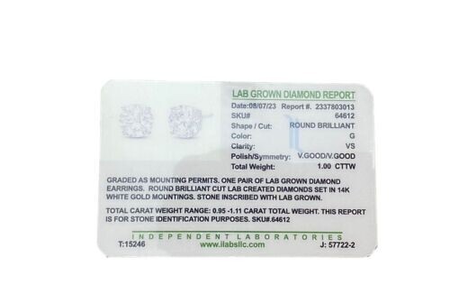 1 Ct Round Cut VS1/F Lab Created REAL Diamond Solid 14k White Gold Stud ...