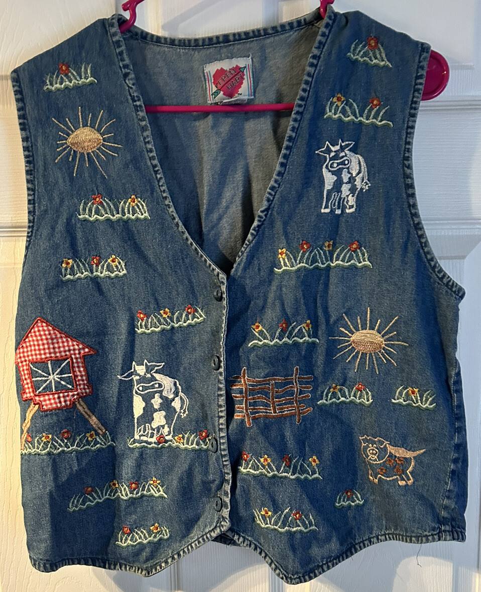Vintage Keren Hart Embroidered Denim Farm Vest Cows P… - Gem