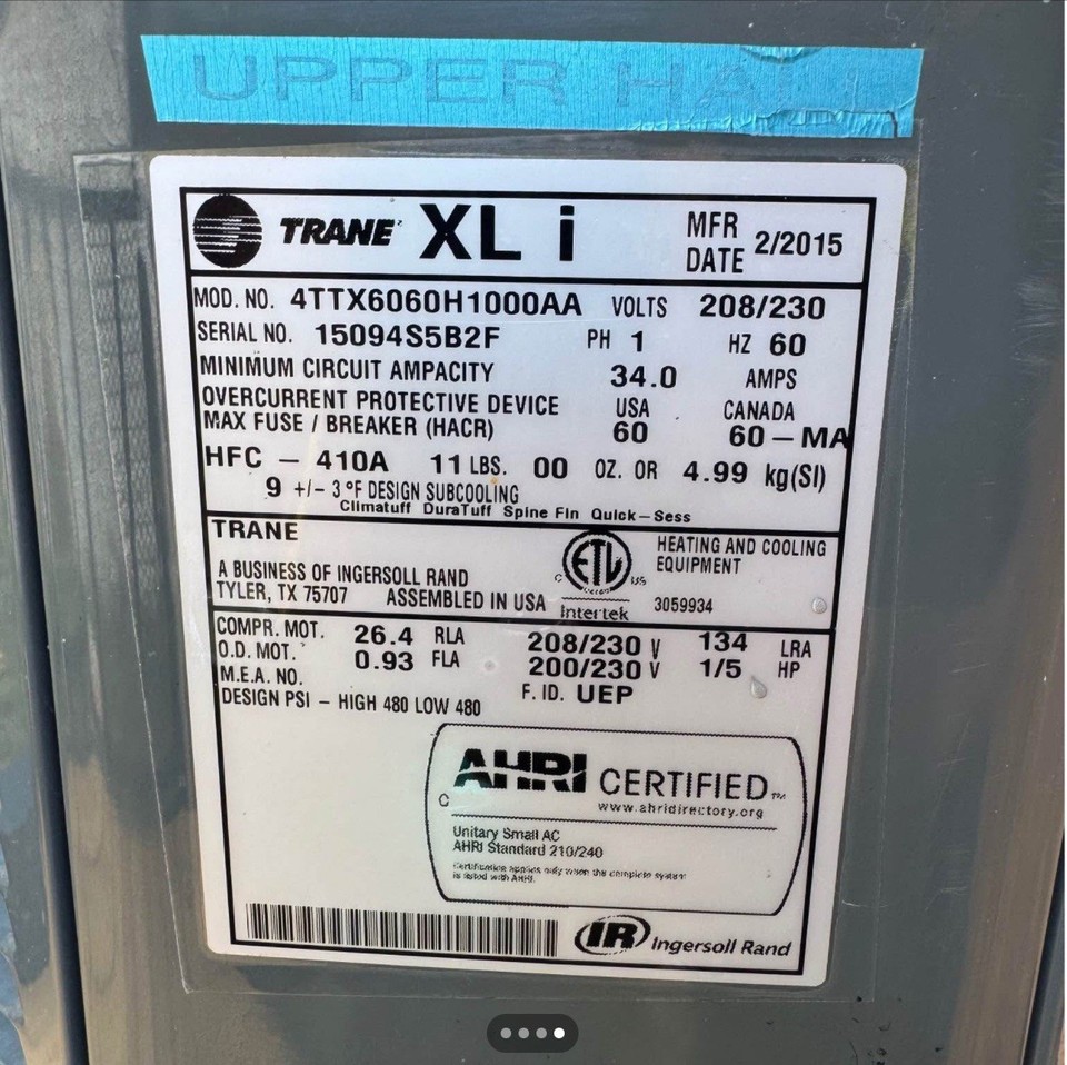 Trane XL16i 4TTX6060H 230V 1 PH 5 ton 16 Seer R410 Condenser unit (made ...