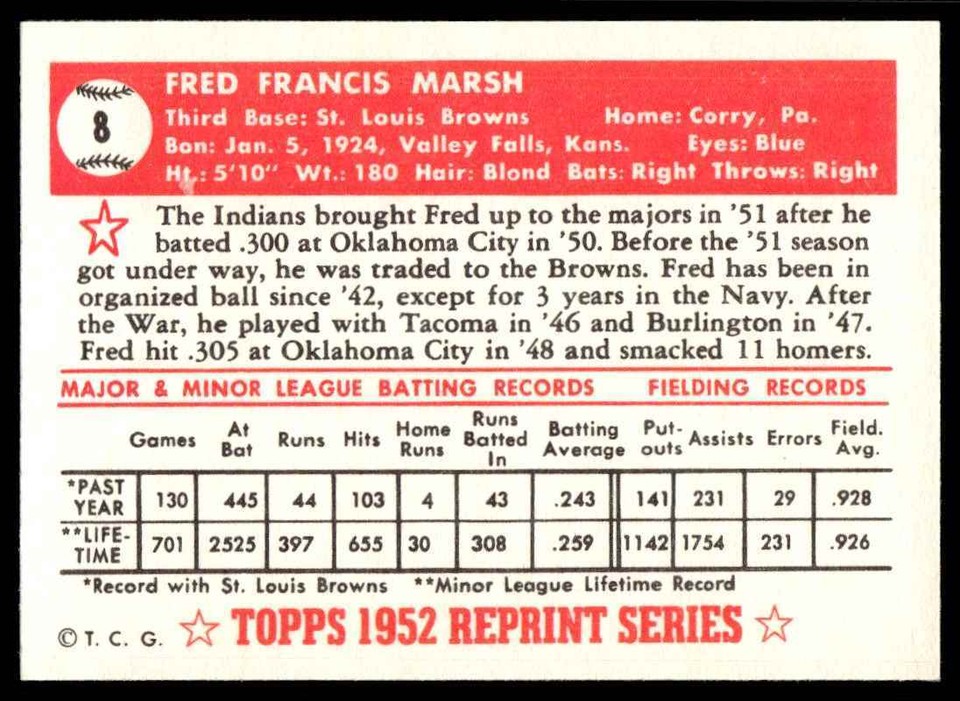 1983 Topps 1952 Reprint Series Fred Marsh St. Louis Browns #8 | eBay