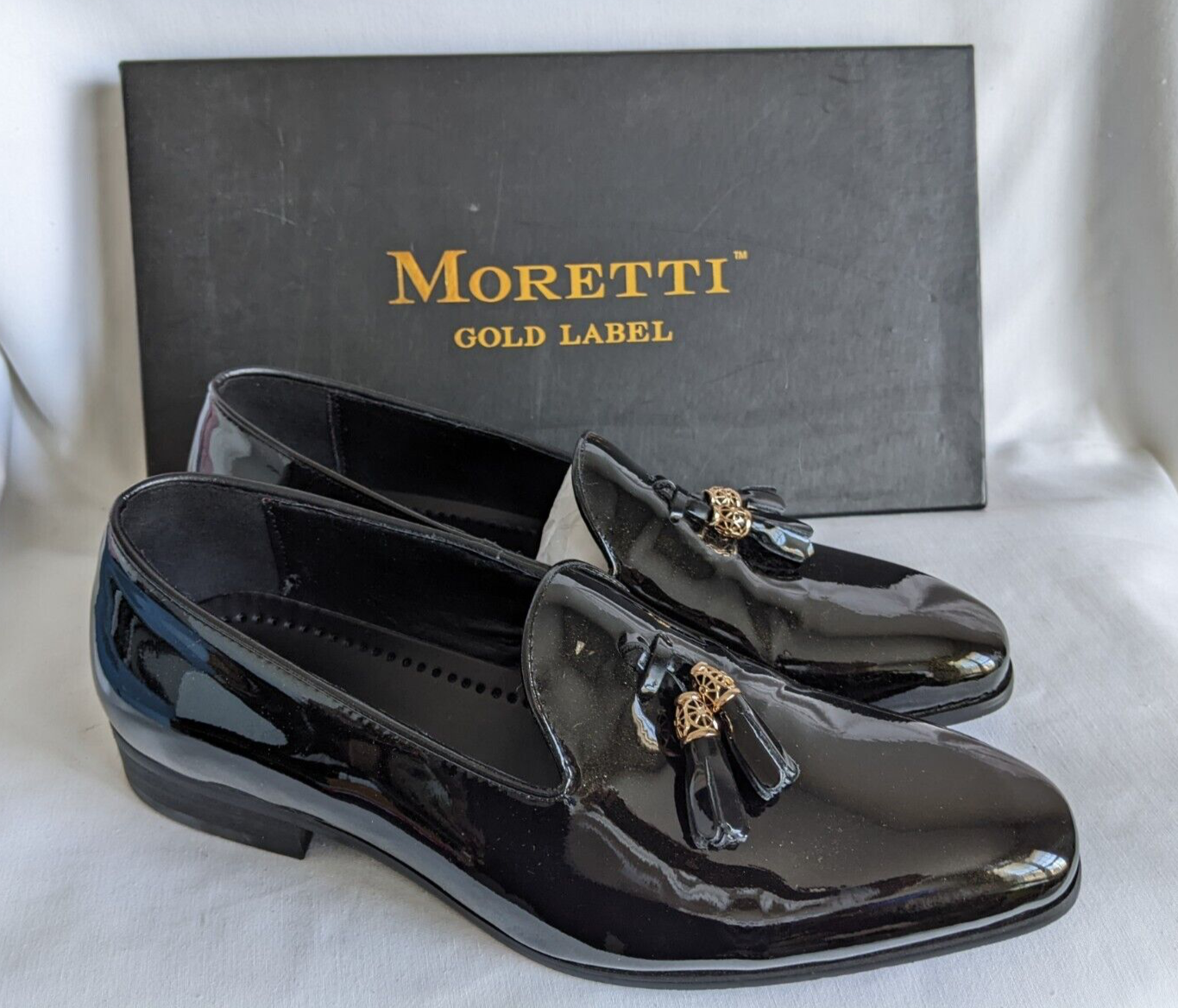 MORETTI GOLD LABEL MEN SZ 8 SLIP ON PATENT LEATHER BLACK SHOE TASSLE ...