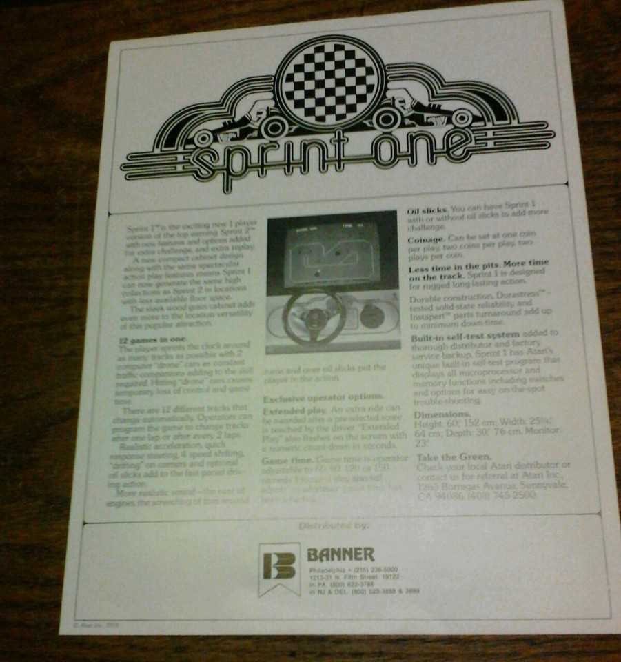 Atari SPRINT ONE Arcade Video Game flyer- original | eBay