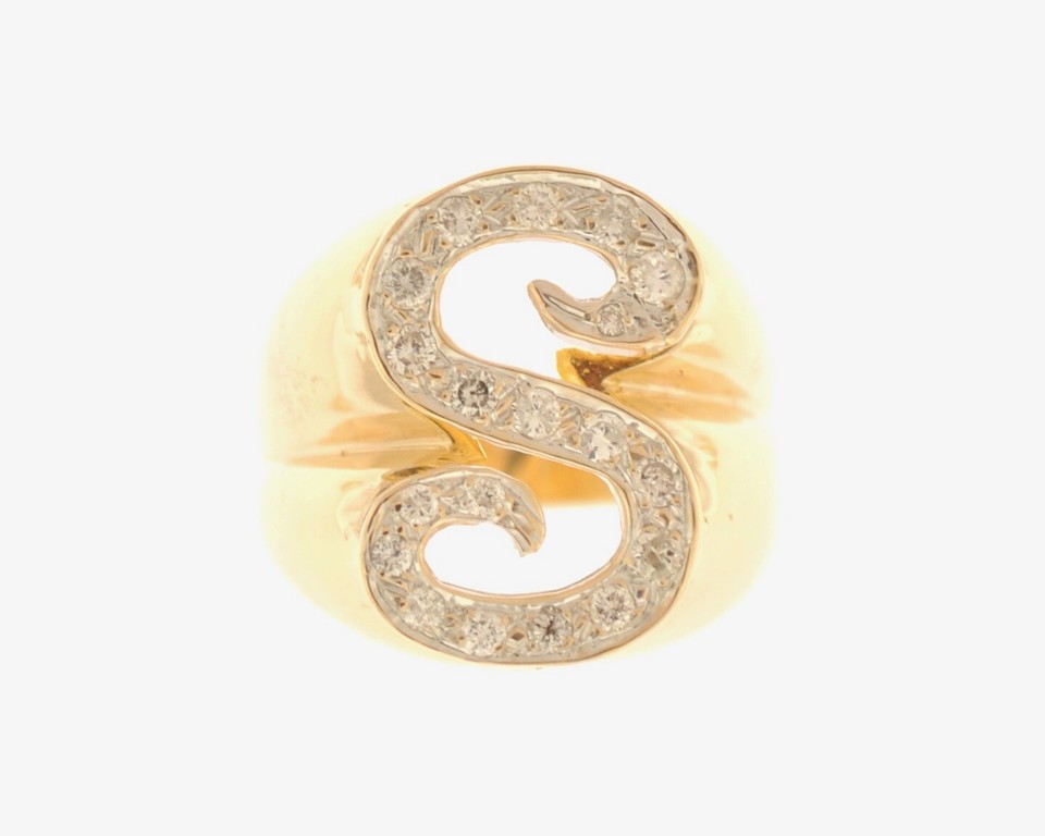 Vintage 18K Yellow Gold .50 Carat Round Diamond Initial Letter S Ring ...