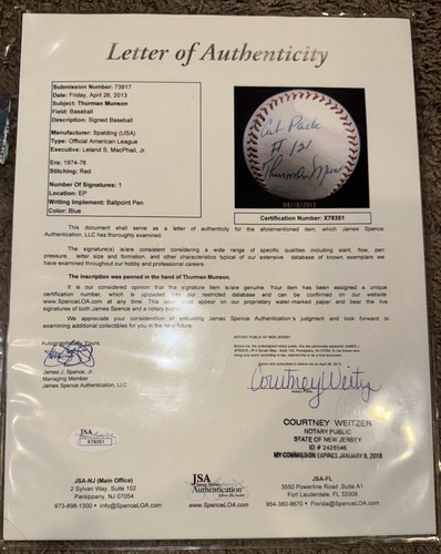Thurman Munson Signed/Autographed American League MLB Baseball JSA/PSA ...