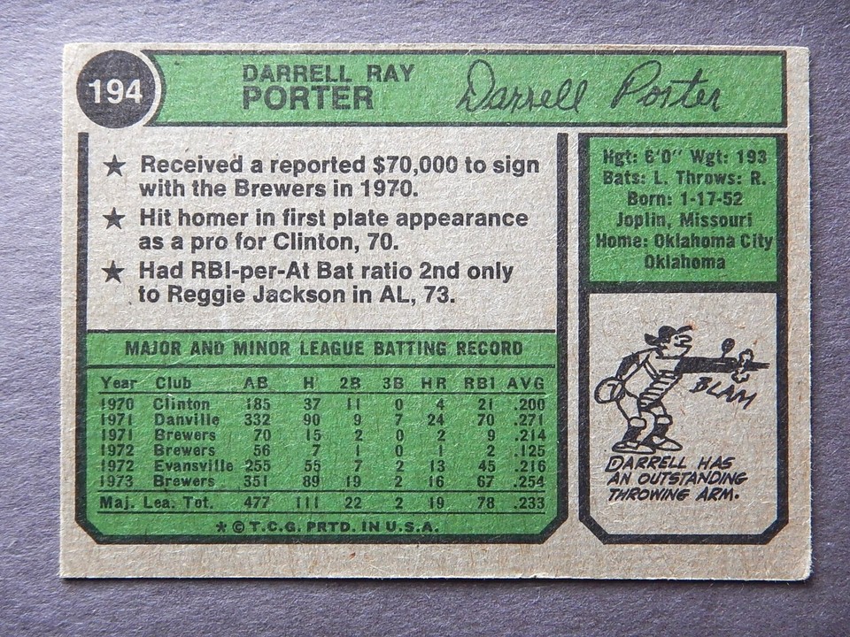Darrell Porter #194 Topps 1974 Baseball Card (Milwaukee Brewers) A | eBay