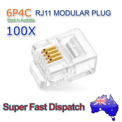 100X RJ11 Connector Modular Plug Gold Plated Crimp 6P4C Telephone ADSL ...
