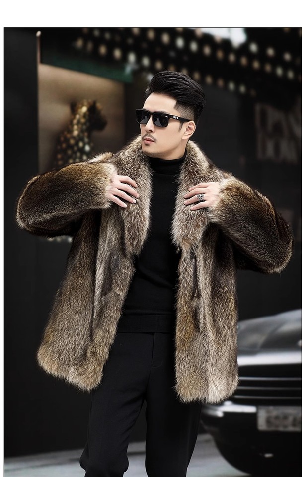 Lapel Men Real Fur Winter Mid-length Fox Fur One-piece Mink Coat ...