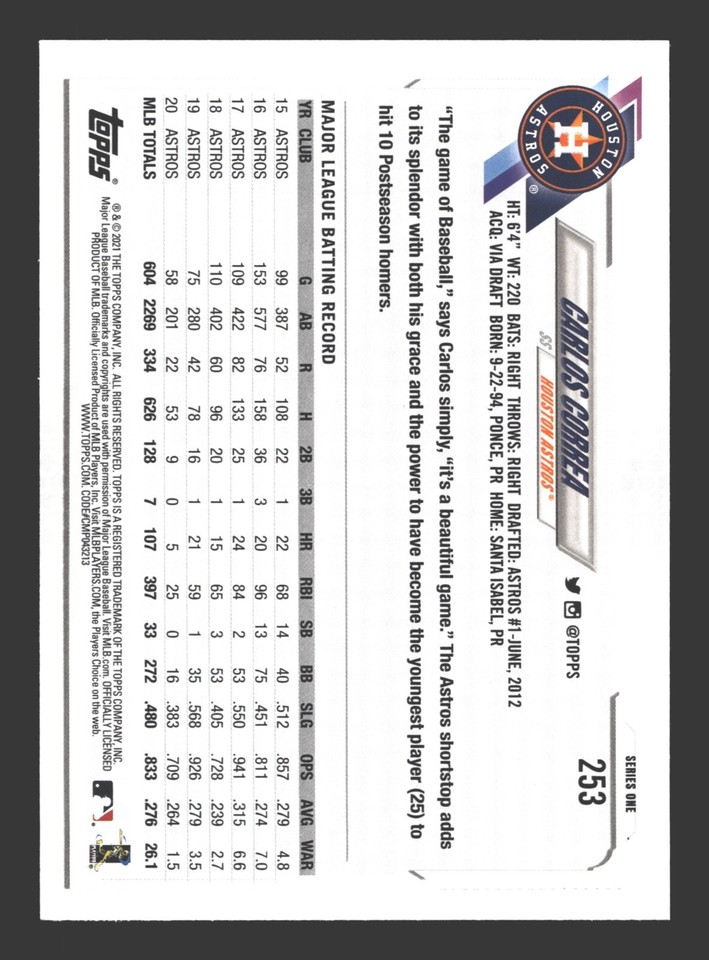 2021 Topps #253 Carlos Correa RAINBOW FOIL Houston Astros | eBay