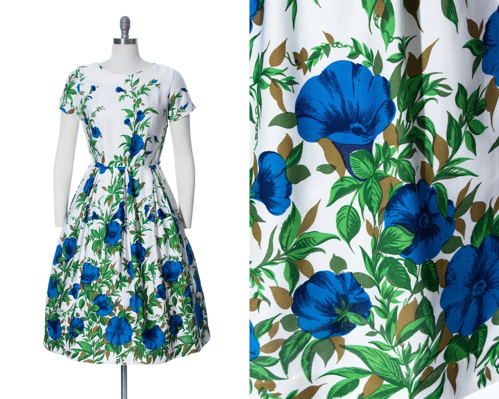 Vintage 1950s 50s Floral Border Print Cotton White Bl… - Gem