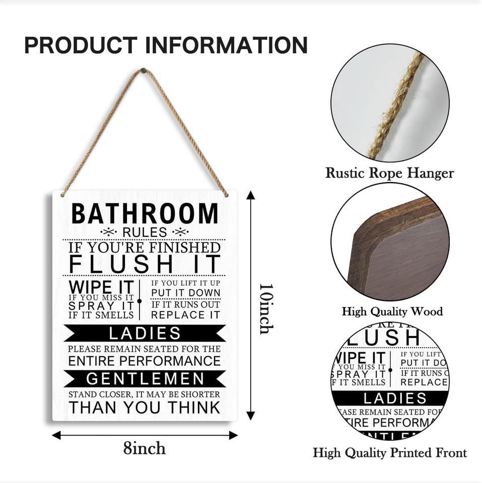 Retro Bathroom Wall Decor - Rustic Wooden Hanging Sign with Bathroom ...