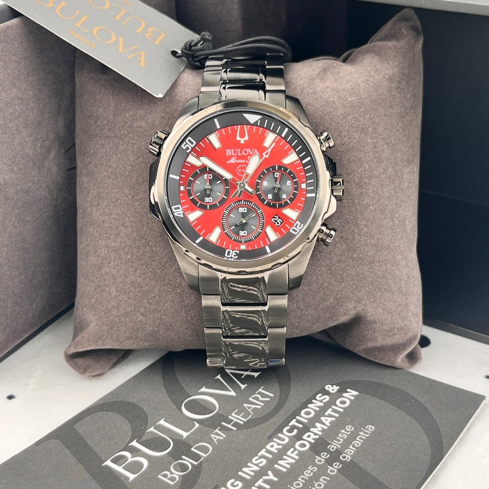 Bulova Marine Star 98B350 Chronograph Stainless Steel 43mm Red Dial Men ...