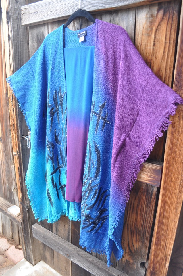 DILEMMA ARTIST HAND PAINTED AND WOVEN ART TO WEAR BURLAP PONCHO JACKET ...