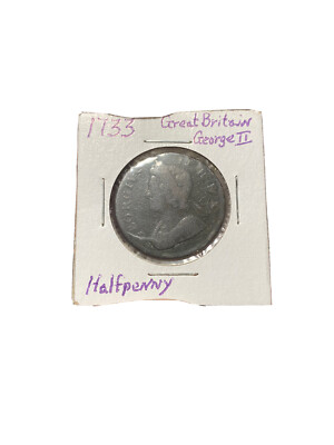 1733 GREAT BRITAIN UK British King GEORGE II Copper Antique 1/2Penny ...