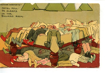 Hotel Full-Men Sleep on Pool Table-Billiard Room-Comic Humor Vintage ...