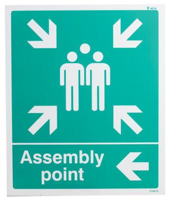 SIGN, ASSEMBLY POINT LEFT, ALUMINIUM, EXTERNAL HEIGHT 300MM, EXTER FOR ...