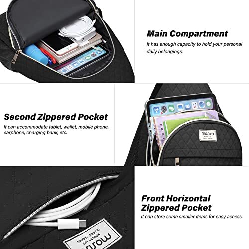 Sling Backpack, Rhombus Quilted Crossbody Bag with Front Pockets Casual ...