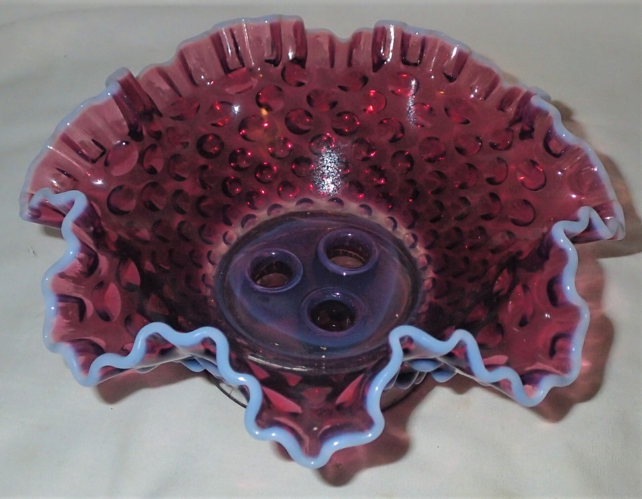ANTIQUE FENTON PURPLE PLUM HOBNAIL FLOWER ART GLASS EPERGNE BOWL CANDLE ...