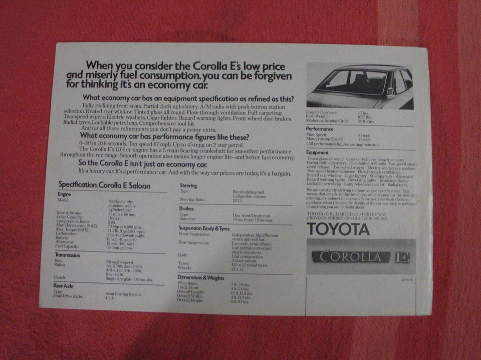Toyota Corolla E 1976 leaflet brochure prospekt British market | eBay