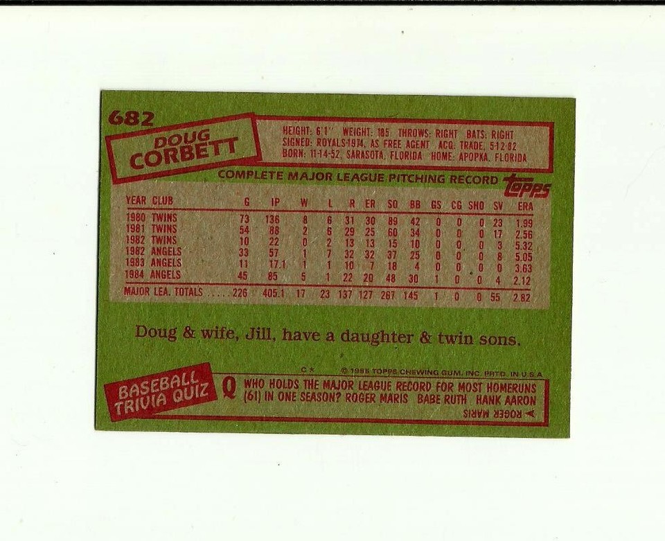 1985 TOPPS #682 Doug Corbett: California Angels: Pitcher: Baseball Card ...