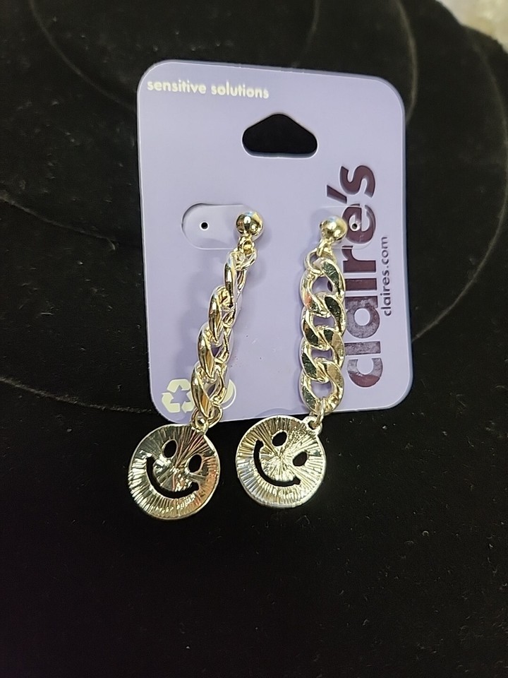 Claire's Silver Colored Dangling Smiley Face Post Earrings | eBay