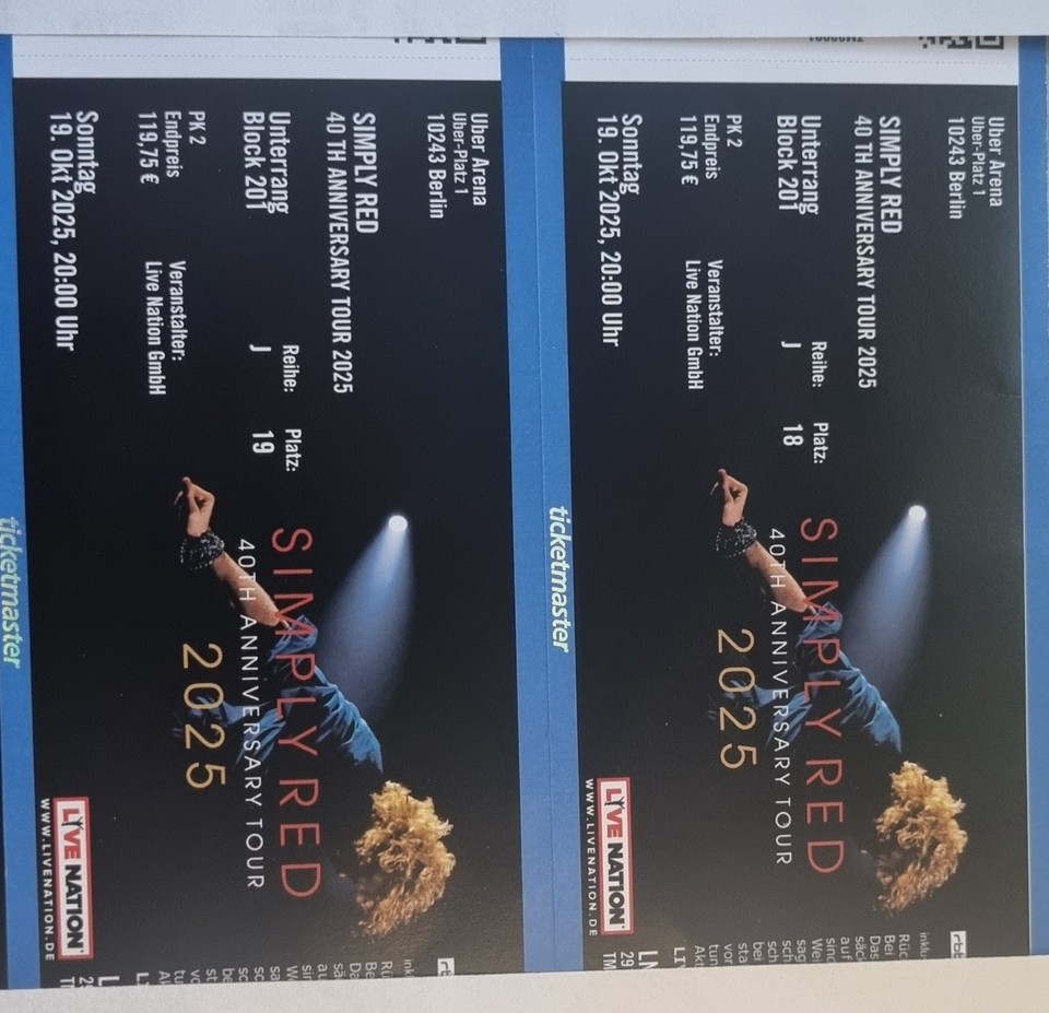 Simply Red Tickets Berlin 19.10.25, Zwei TOP Plätze Unterrang Block 201 ...