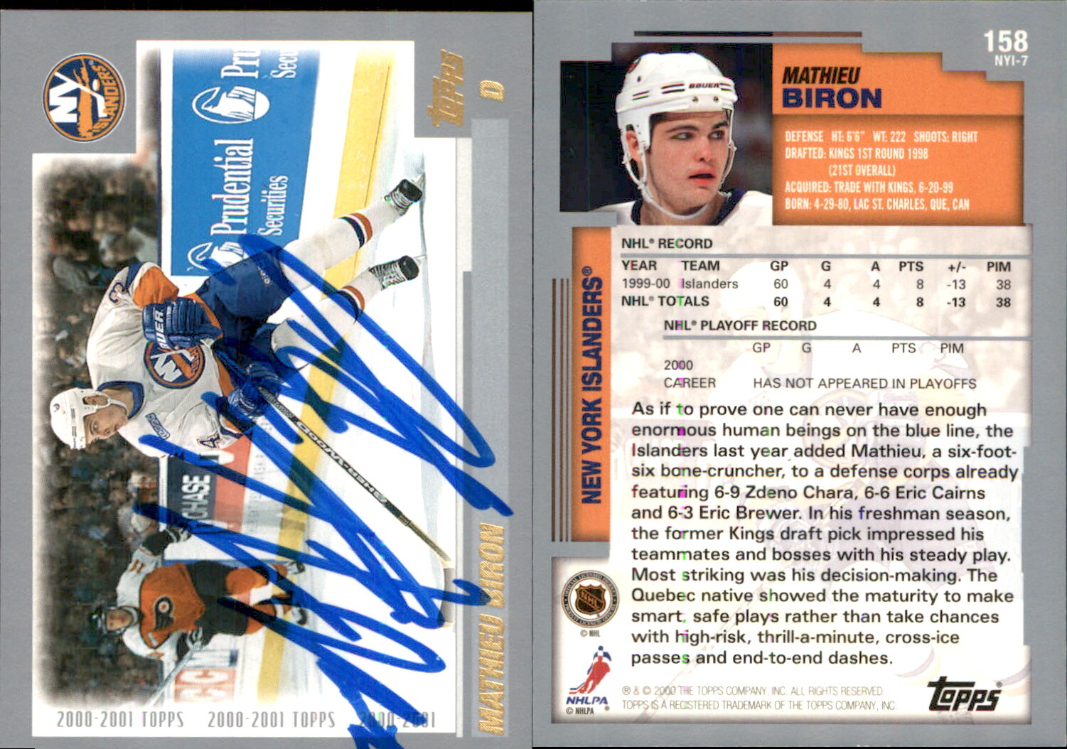 Mathieu Biron Signed 2000-01 Topps #158 Card New York Islanders Auto AU ...